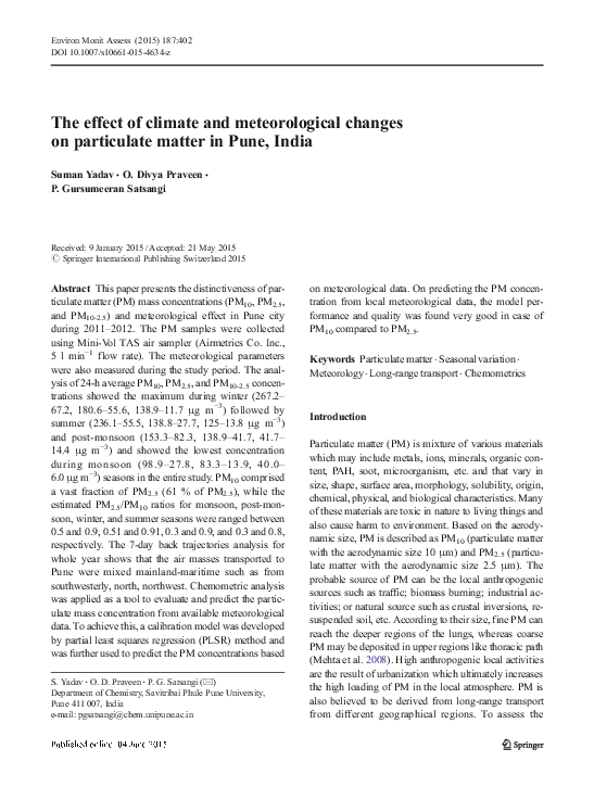 (PDF) The effect of climate and meteorological changes on particulate matter in Pune, India