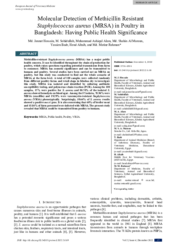 Pdf Molecular Detection Of Methicillin Resistant Staphylococcus Aureus Mrsa In Poultry In