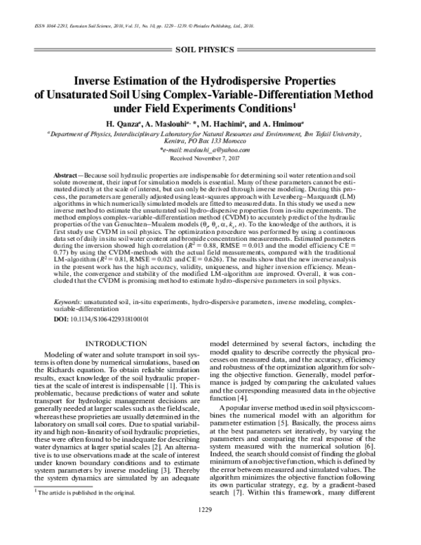 (PDF) Inverse Estimation of the Hydrodispersive Properties of ...