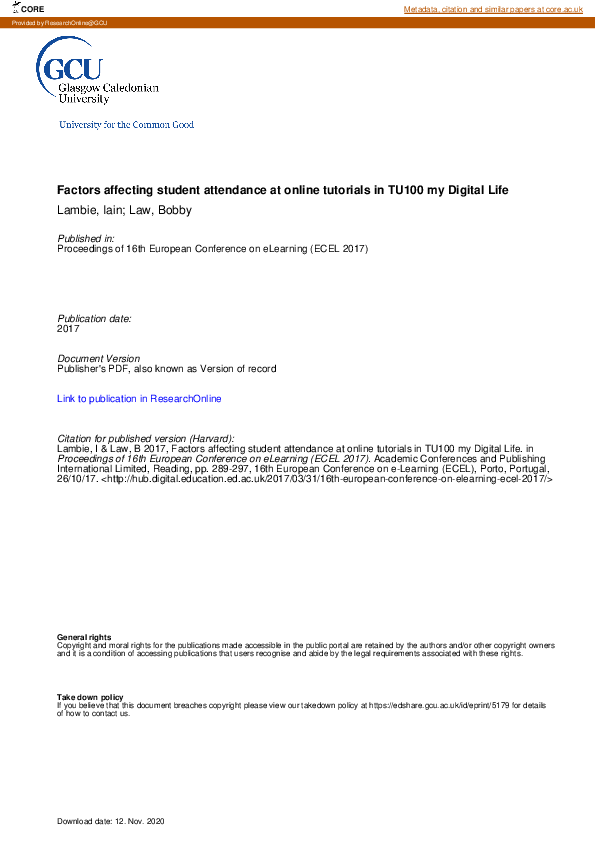 (PDF) Factors affecting student attendance at online tutorials in TU100 my Digital Life