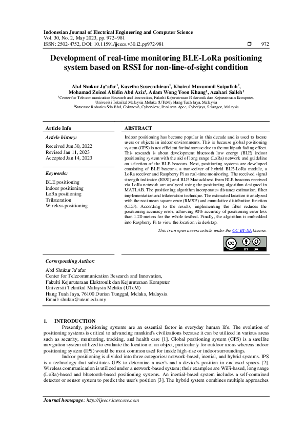 Pdf Development Of Real Time Monitoring Ble Lora Positioning System Based On Rssi For Non Line