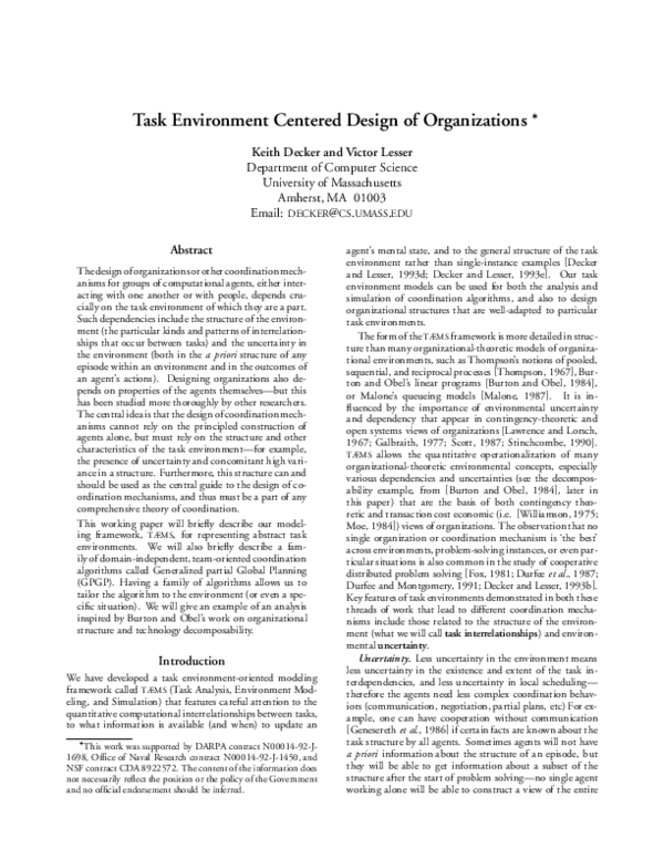 (PDF) Task Environment Centered Design of Organizations