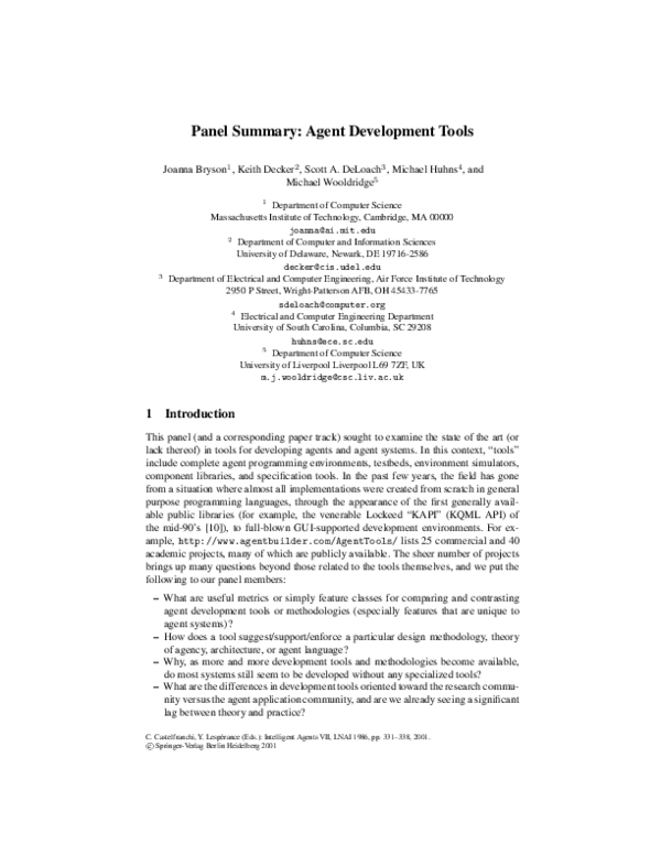 (PDF) Panel Summary: Agent Development Tools | Keith Decker - Academia.edu