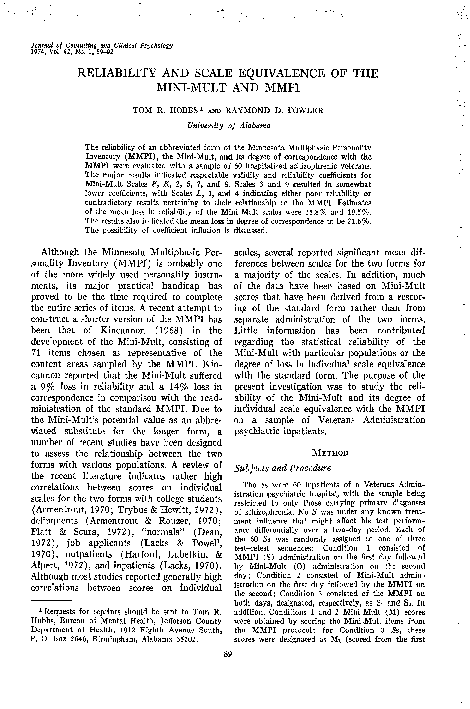 (PDF) Reliability and scale equivalence of the Mini-Mult and MMPI