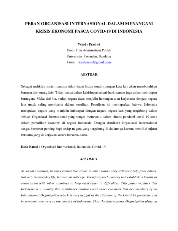 (PDF) PERAN ORGANISASI INTERNASIONAL DALAM MENANGANI KRISIS EKONOMI PASCA COVID-19 DI INDONESIA