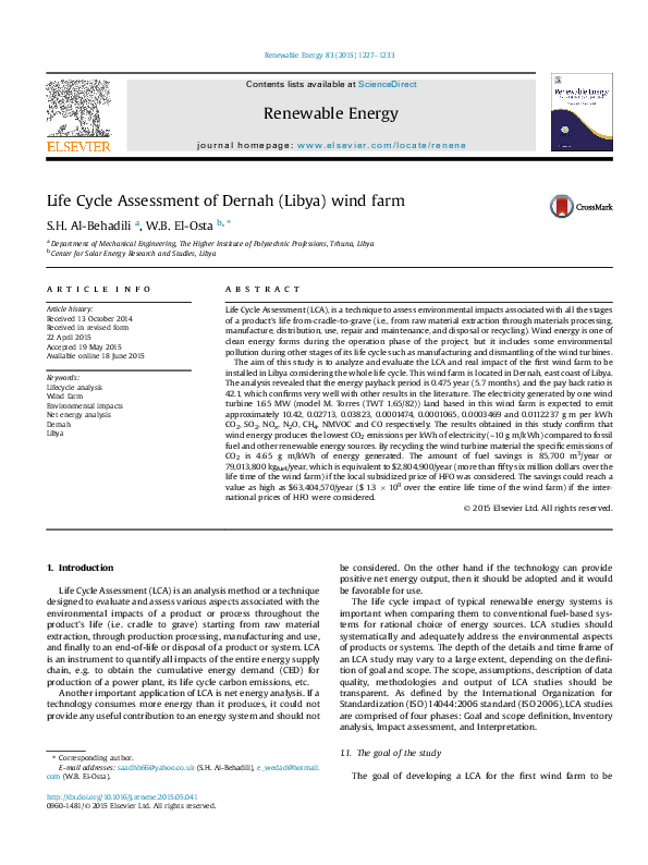 (PDF) Life Cycle Assessment of Dernah (Libya) wind farm