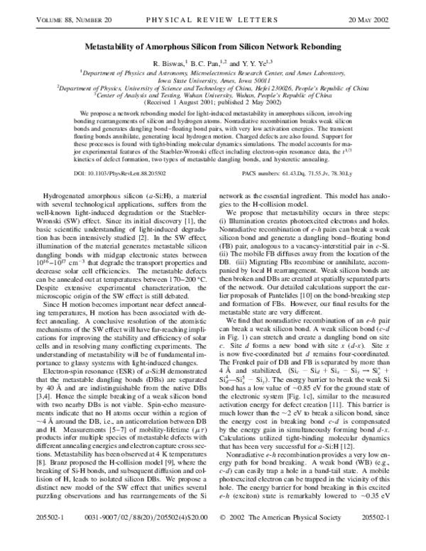 (PDF) Metastability of Amorphous Silicon from Silicon Network Rebonding ...