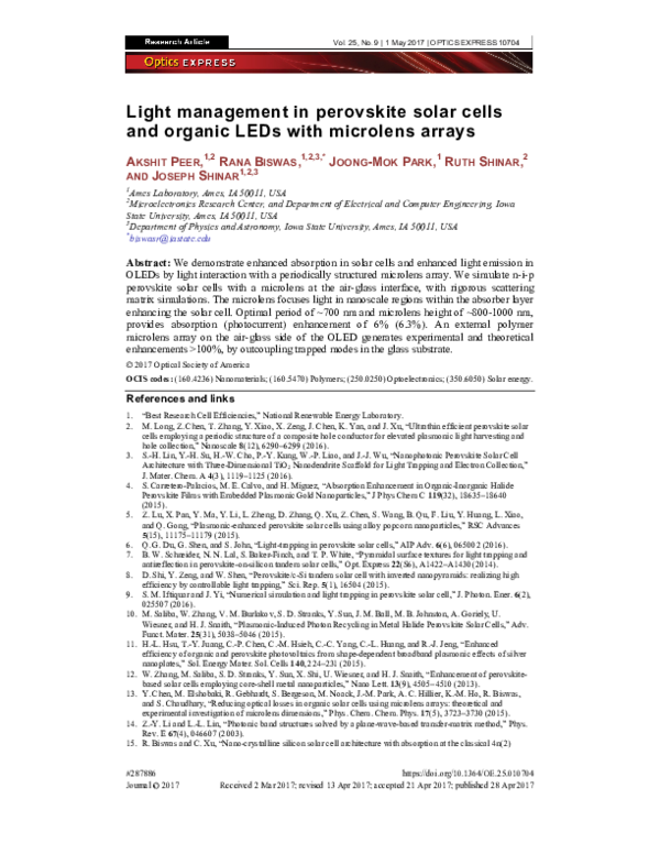 (PDF) Light management in perovskite solar cells and organic LEDs with microlens arrays