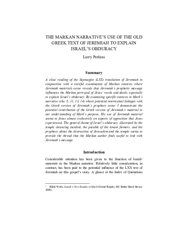 (PDF) The Markan Narrative’s Use of the Old Greek Text of Jeremiah to ...