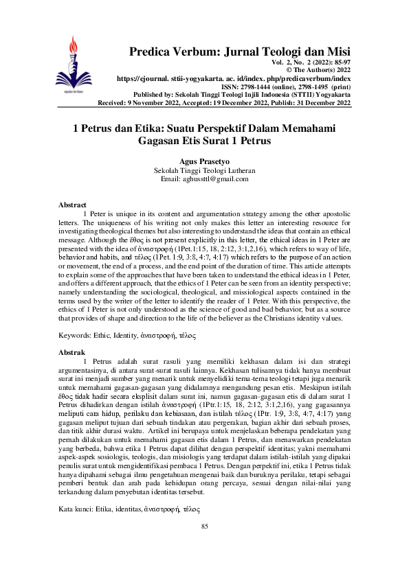 (PDF) 1 Petrus dan Etika: Suatu Perspektif Dalam Memahami Gagasan Etis Surat 1 Petrus