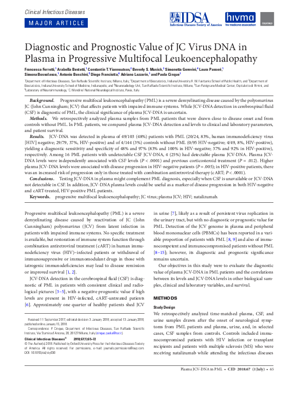 (PDF) Diagnostic and prognostic value of JC virus DNA in plasma in ...
