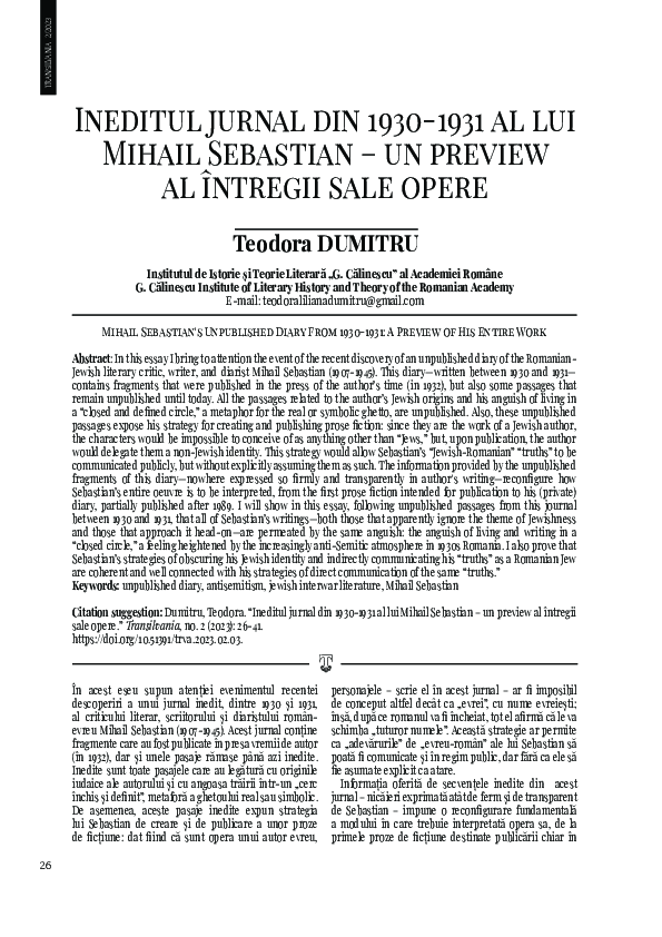 (PDF) Ineditul jurnal din 1930-1931 al lui Mihail Sebastian - un ...