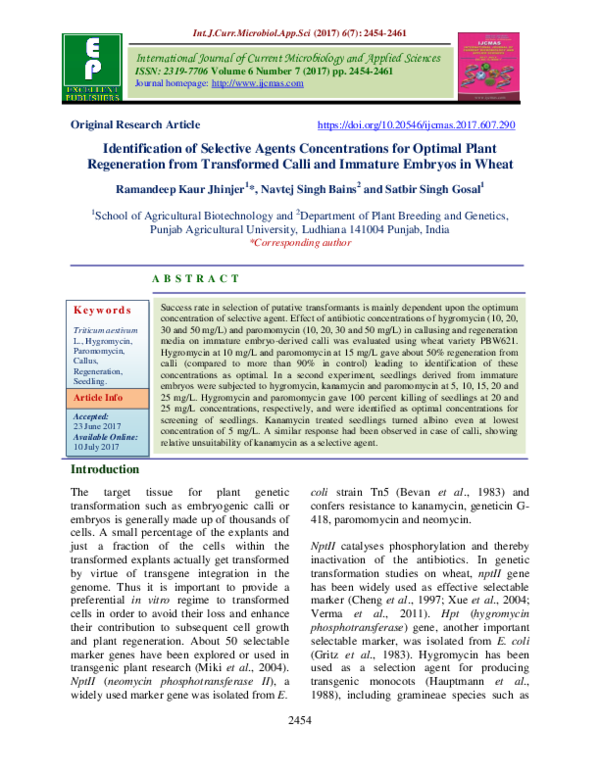 (PDF) Identification of Selective Agents Concentrations for Optimal ...