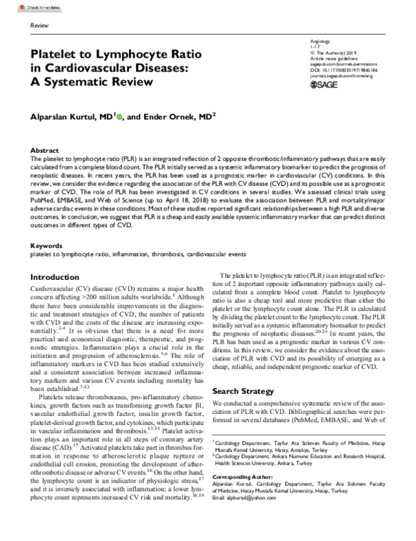 (PDF) Platelet to Lymphocyte Ratio in Cardiovascular Diseases: A ...