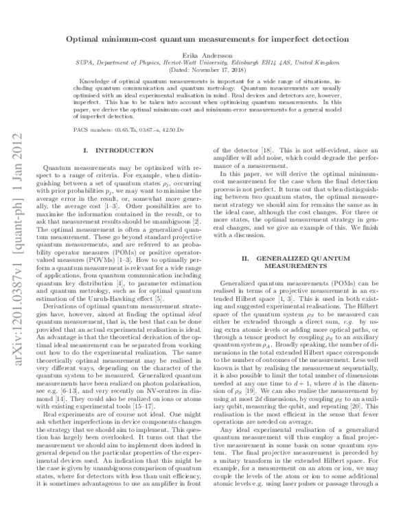 (PDF) Optimal minimum-cost quantum measurements for imperfect detection
