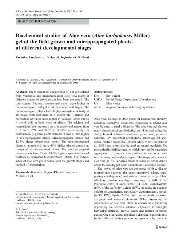 (PDF) Biochemical studies of Aloe vera (Aloe barbadensis Miller) gel of ...
