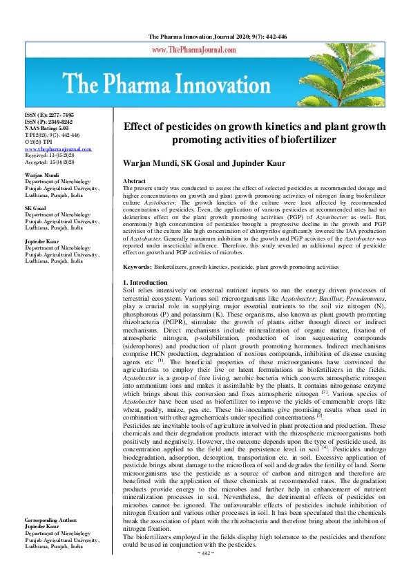 (PDF) Effect of pesticides on growth kinetics and plant growth promoting activities of biofertilizer