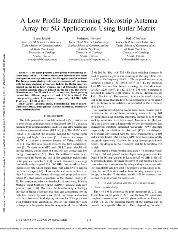 (PDF) A Low Profile Beamforming Microstrip Antenna Array for 5G Applications Using Butler Matrix