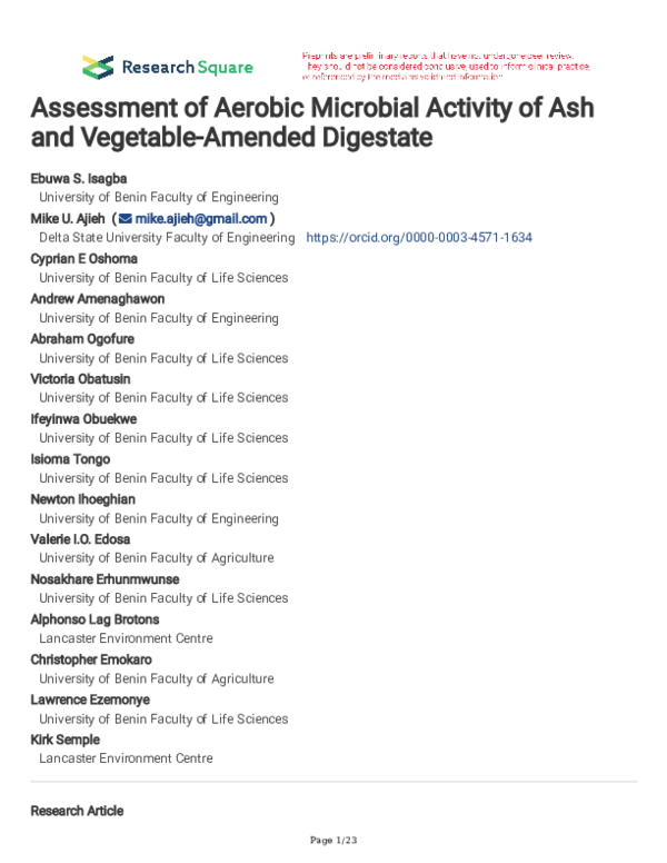 (PDF) Assessment of Aerobic Microbial Activity of Ash and Vegetable ...