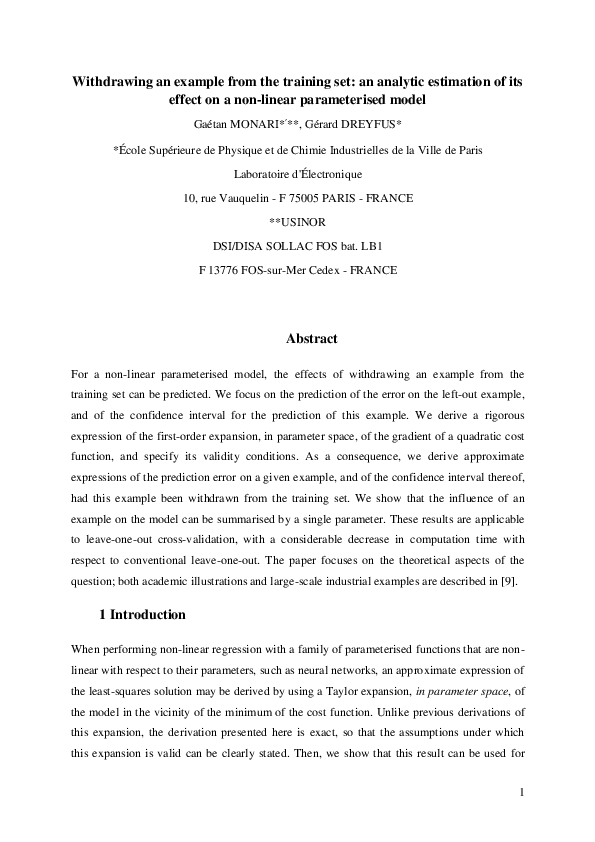 Pdf Withdrawing An Example From The Training Set An Analytic Estimation Of Its Effect On A