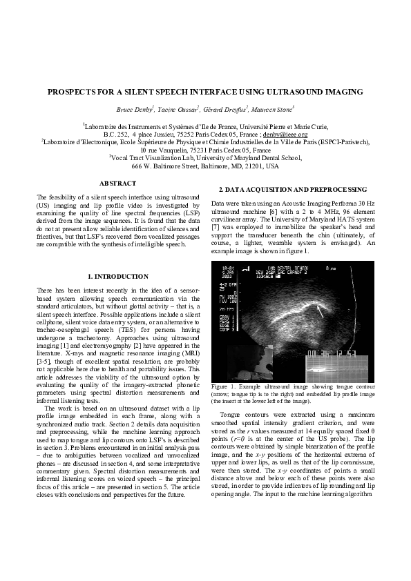 (PDF) Prospects for a Silent Speech Interface using Ultrasound Imaging (PDF) Prospects for a Silent Speech Interface using Ultrasound Imaging