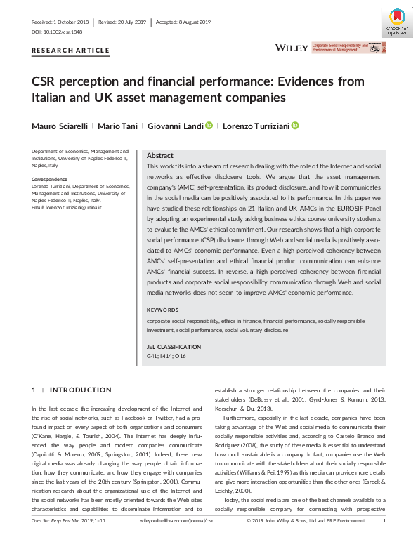 (PDF) CSR perception and financial performance: Evidences from Italian ...