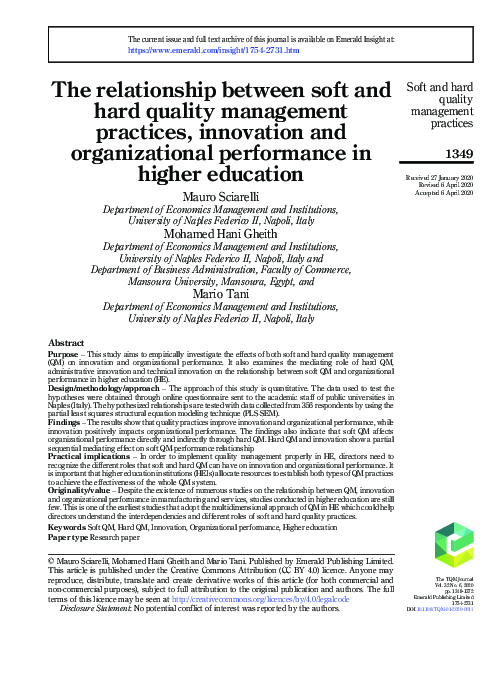 (PDF) The relationship between soft and hard quality management practices, innovation and ...