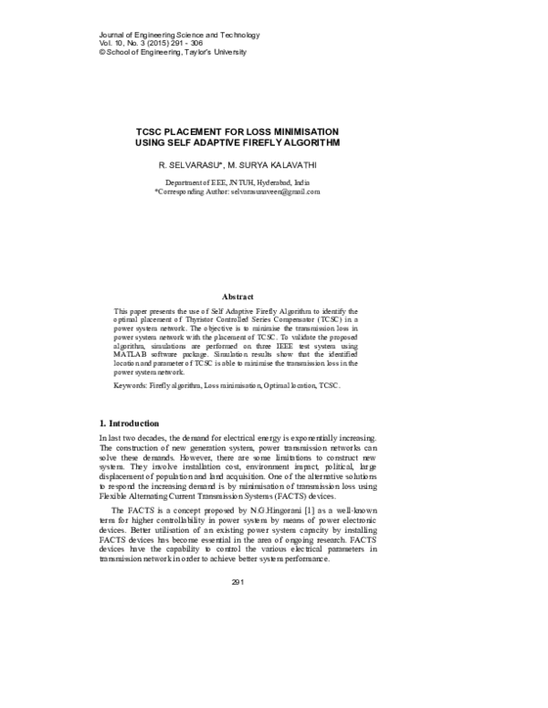 Pdf Tcsc Placement For Loss Minimisation Using Self Adaptive Firefly Algorithm 5231