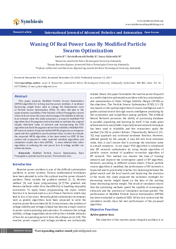 Pdf Waning Of Real Power Loss By Modified Particle Swarm Optimization