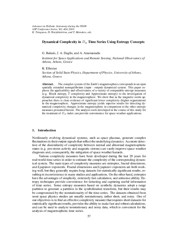 Pdf Dynamical Complexity In Dst Time Series Using Entropy Concepts