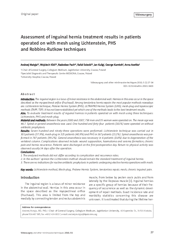 (PDF) Assessment of inguinal hernia treatment results in patients operated on with mesh using ...