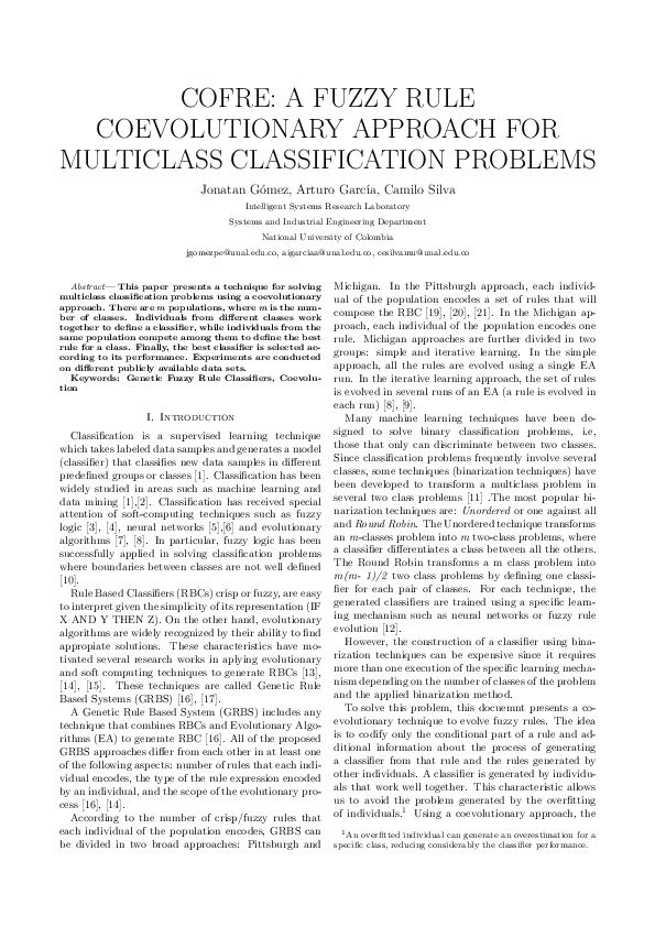 Pdf Cofre A Fuzzy Rule Coevolutionary Approach For Multiclass Classification Problems
