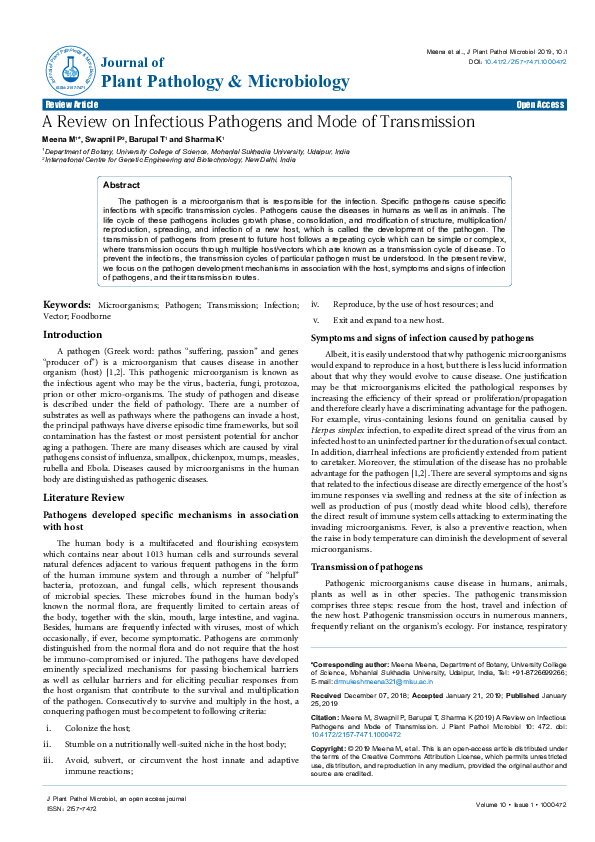 (PDF) A Review on Infectious Pathogens and Mode of Transmission