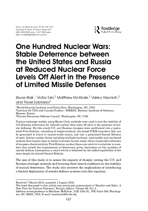 (PDF) One Hundred Nuclear Wars: Stable Deterrence between the United ...