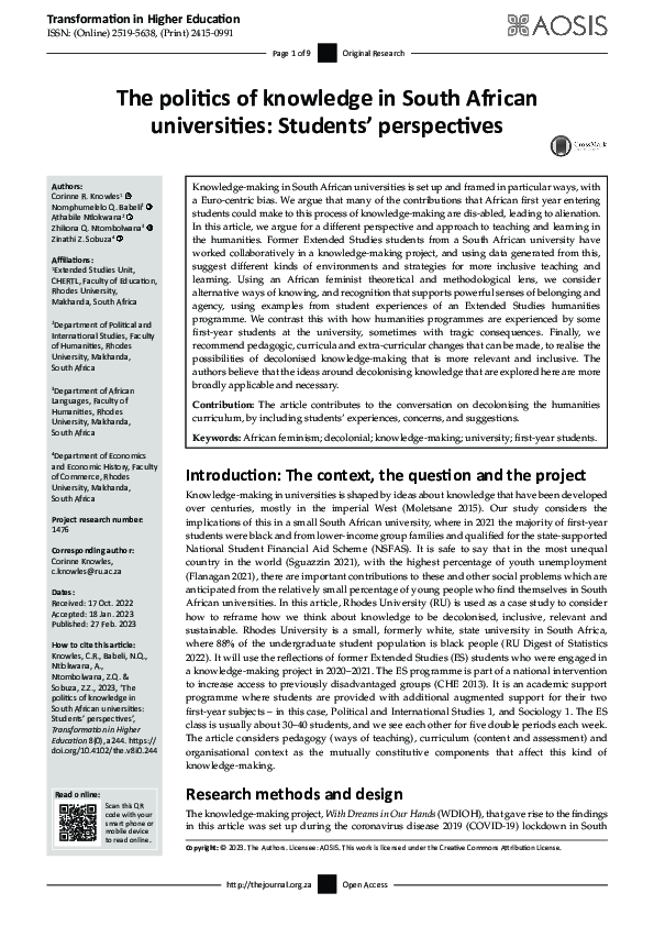 (PDF) The politics of knowledge in South African universities: Students’ perspectives