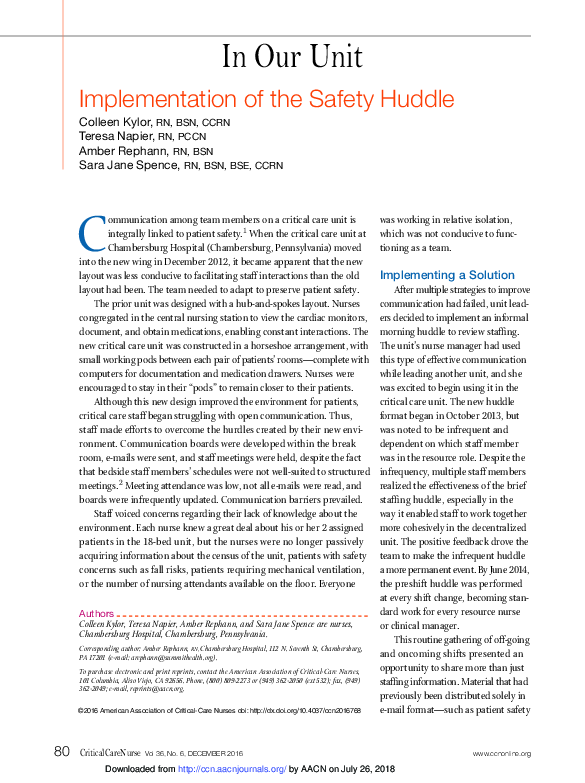 (PDF) Implementation of the Safety Huddle | Sara Spence - Academia.edu