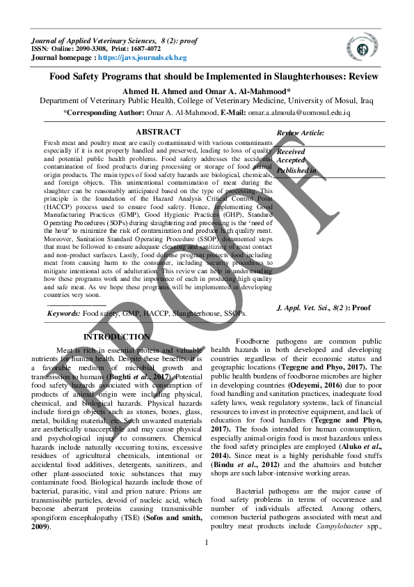 (PDF) Food Safety Programs that should be Implemented in Slaughterhouses: Review