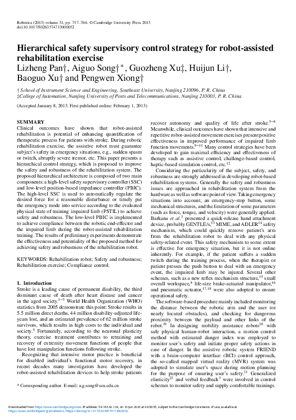 (PDF) Hierarchical safety supervisory control strategy for robot-assisted rehabilitation exercise