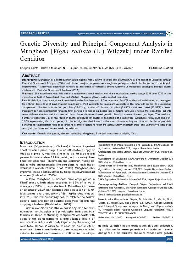 (PDF) Genetic Diversity and Principal Component Analysis in Mungbean [Vigna radiata (L.) Wilczek ...