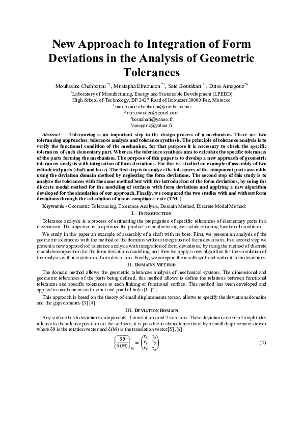 (PDF) New Approach to Integration of Form Deviations in the Analysis of Geometric Tolerances