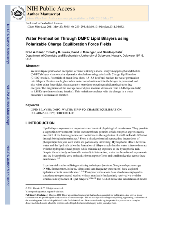 (PDF) Water permeation through DMPC lipid bilayers using polarizable charge equilibration force ...