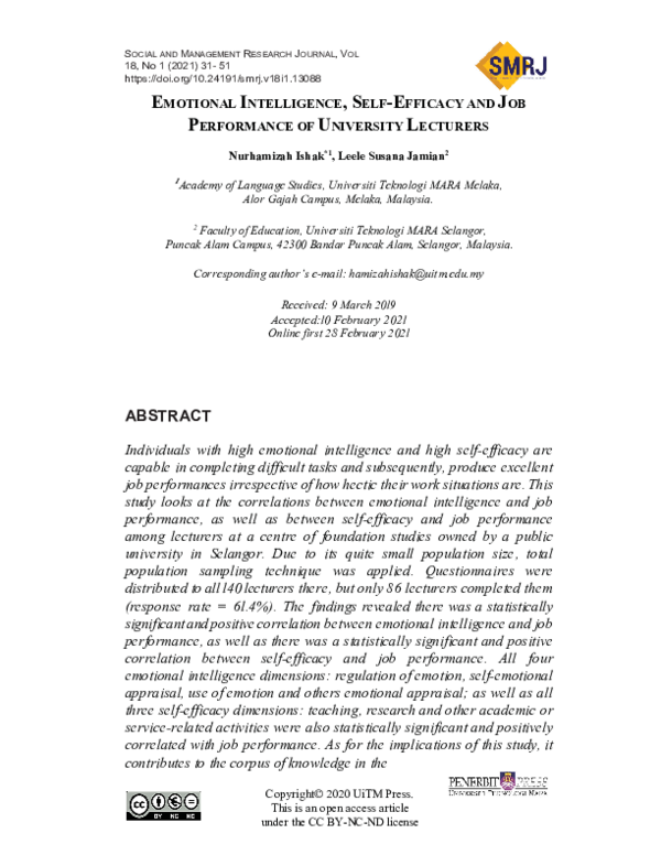 (PDF) Emotional Intelligence, Self-Efficacy and Job Performance of University Lecturers