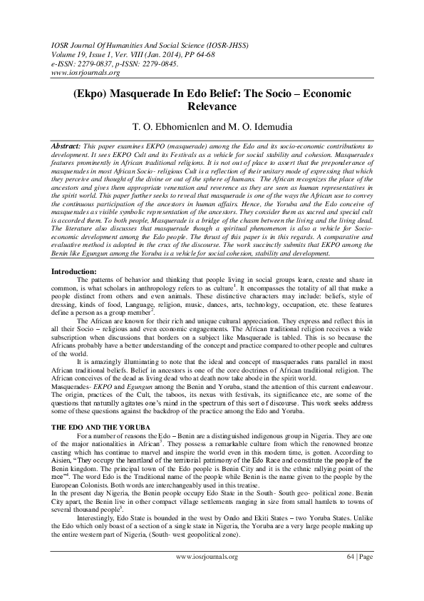 (PDF) (Ekpo) Masquerade In Edo Belief: The Socio – Economic Relevance
