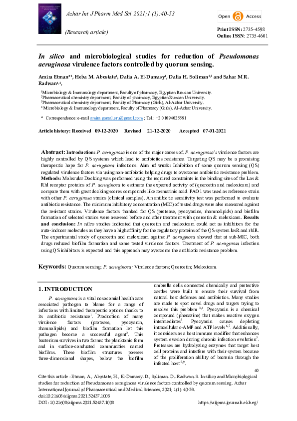 (PDF) Quorum Sensing Inhibitors Reduce Pseudomonas aeruginosa Virulence