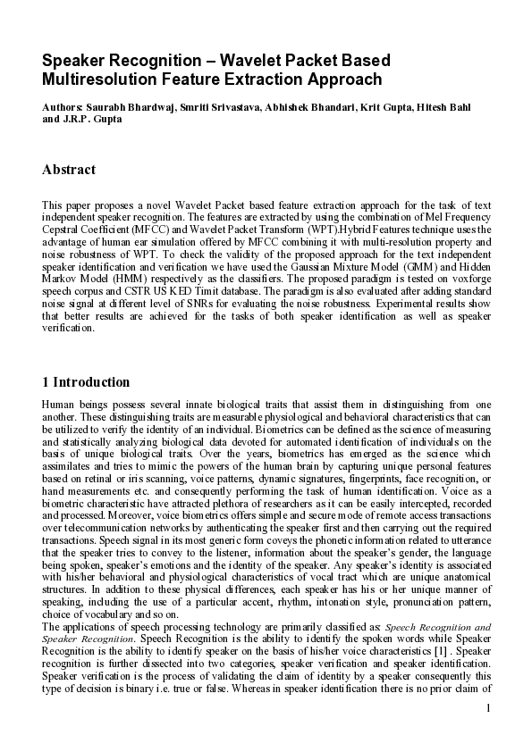 Pdf Speaker Recognition Wavelet Packet Based Multiresolution