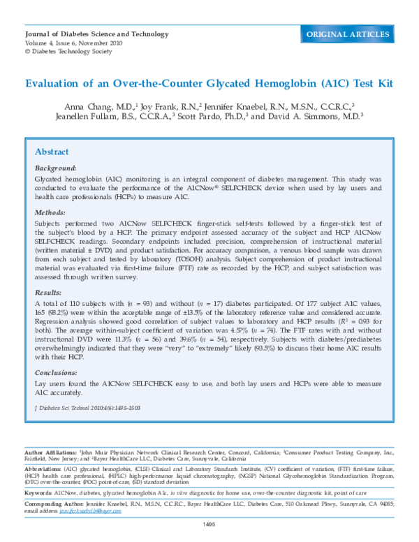 (PDF) Evaluation of an Over-the-Counter Glycated Hemoglobin (A1C) Test Kit