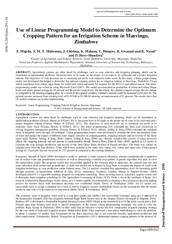 Pdf Use Of Linear Programming Model To Determine The Optimum Cropping 3972