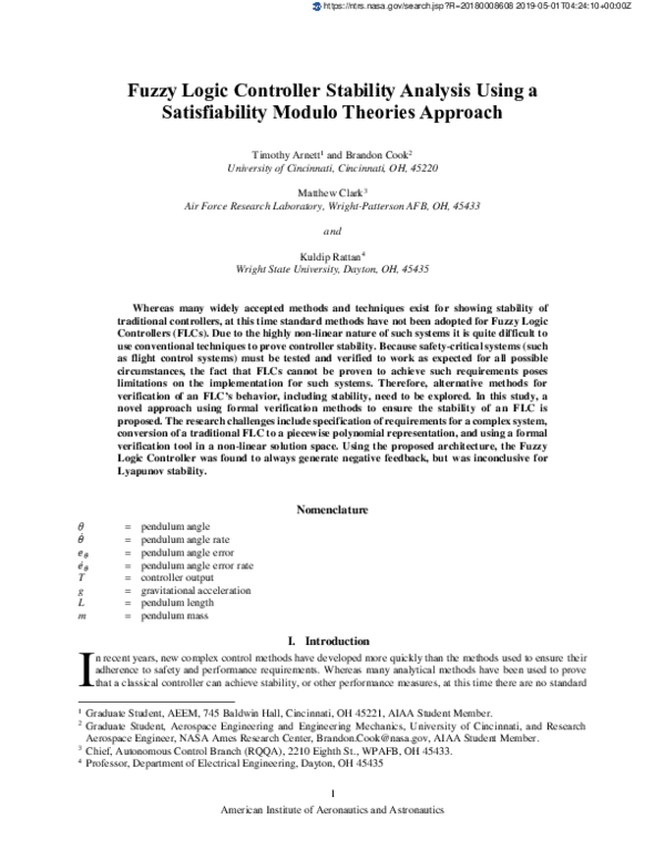 (PDF) Fuzzy Logic Controller Stability Analysis Using a Satisfiability Modulo Theories Approach