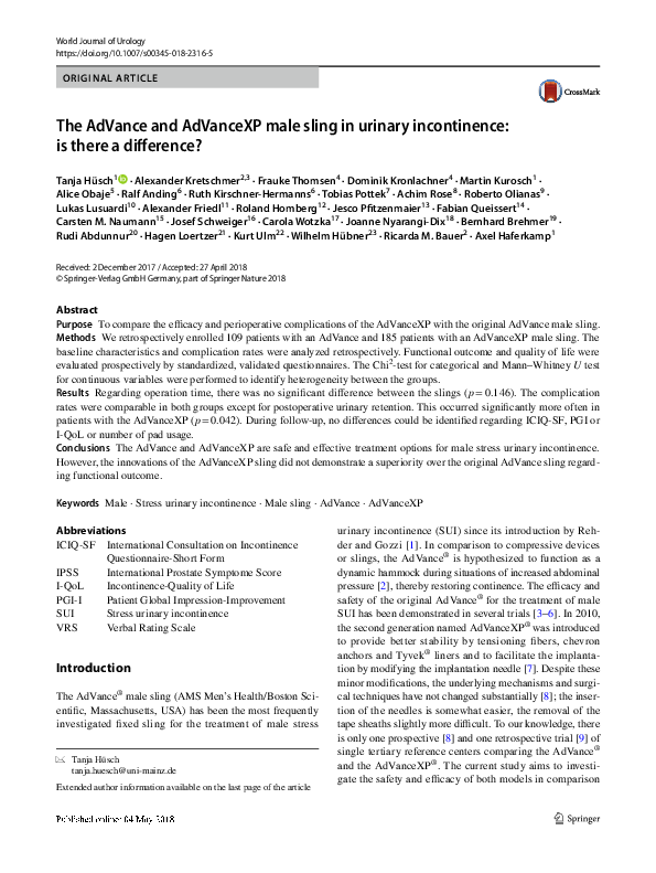 (PDF) The AdVance and AdVanceXP male sling in urinary incontinence: is ...