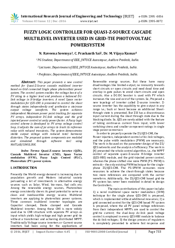 Pdf Fuzzy Logic Controller For Quasi Z Source Cascade Multilevel Inverter Used In Grid Tie 1543